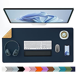 Aothia Office Desk Pad, Natural Cork & PU Leather Dual Side Large Mouse Pad, Laptop Desk Table Protector Writing Mat Easy Clean Waterproof for Office Work/Home/Decor (Dark Blue,31.5" x 15.7")