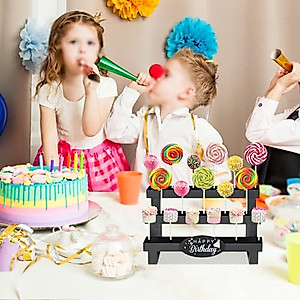 Y&ME YM Cake Pop Stand, 3-Tier Cake Pop Holder with Decor Sign, Lollipop Stand for Dessert Display, 17 Holes Cakepops Stick Stand, Wood Cake Stand for Wedding/Birthday/Baby Shower/Party (Black)