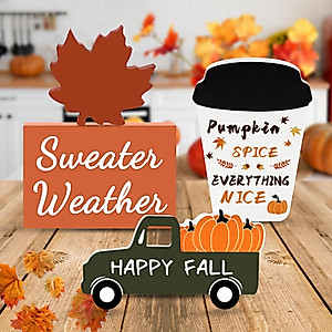 Fall Decor Fall Decorations for Home 4Pcs Wooden Coffee Cup Maple Leaf Car Sweater Weather Sign Farmhouse Table Tiered Tray Decor Thanksgiving Decorations