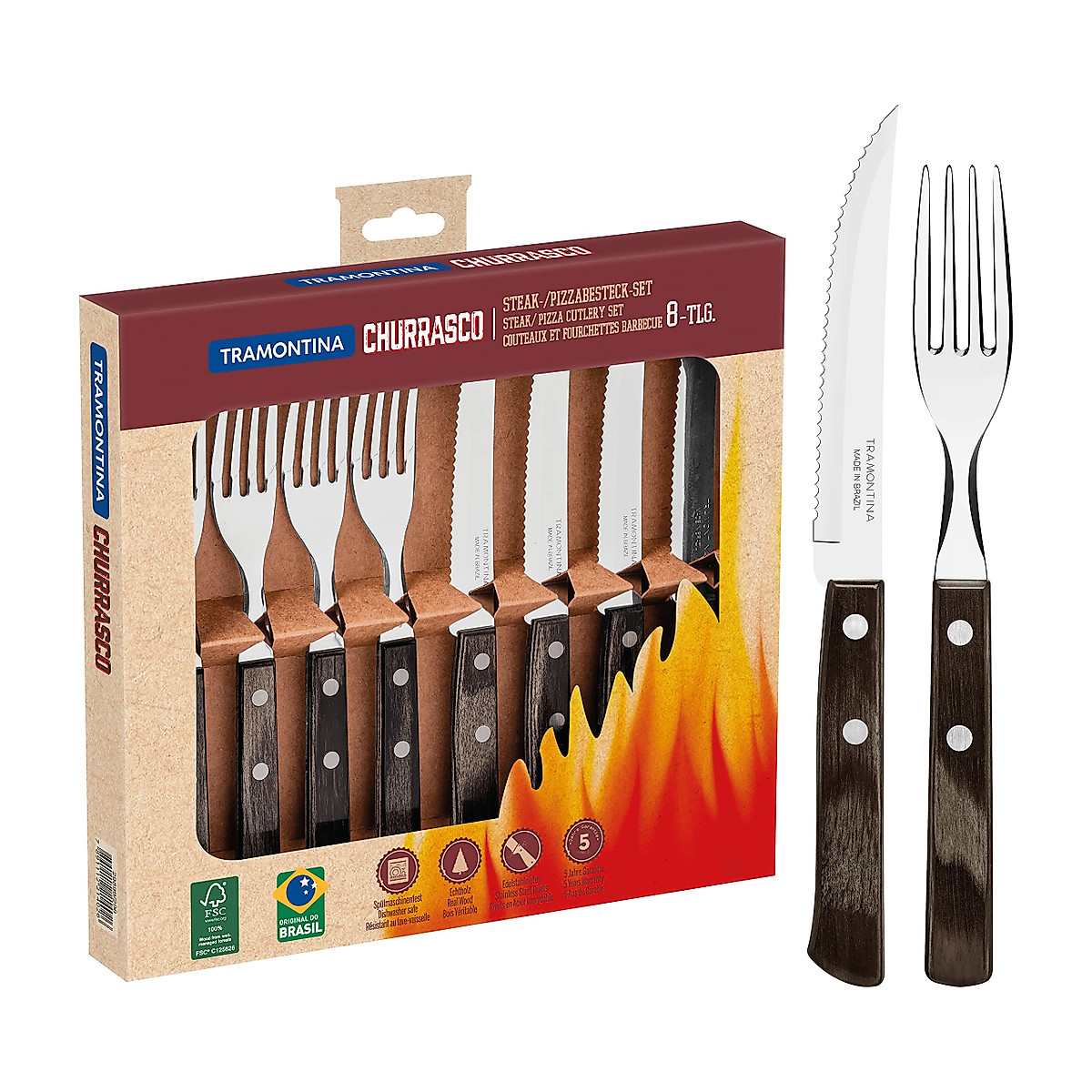 Tramontina Cutlery Set with Steak Knives, 8 Piece Sharp Knife and Fork Set with Wooden Handles, ‎Camping, Kitchen, Rustic, Dishwasher Safe, 29899296