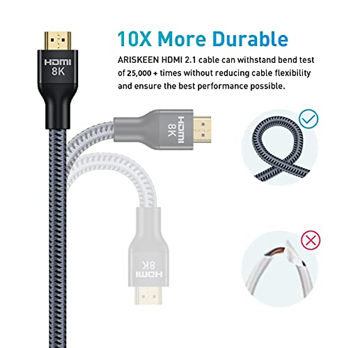 ARISKEEN 8K HDMI 2.1 Cable 10 ft, 48Gbps Ultra High Speed HDMI Braided Cord, Supports 8K@60HZ, 4K@120Hz, DTS:X, HDCP 2.2 & 2.3, eARC, HDR 10, Compatible with TV Xbox PS4 PS5 Monitor Blu-Ray - 10FT