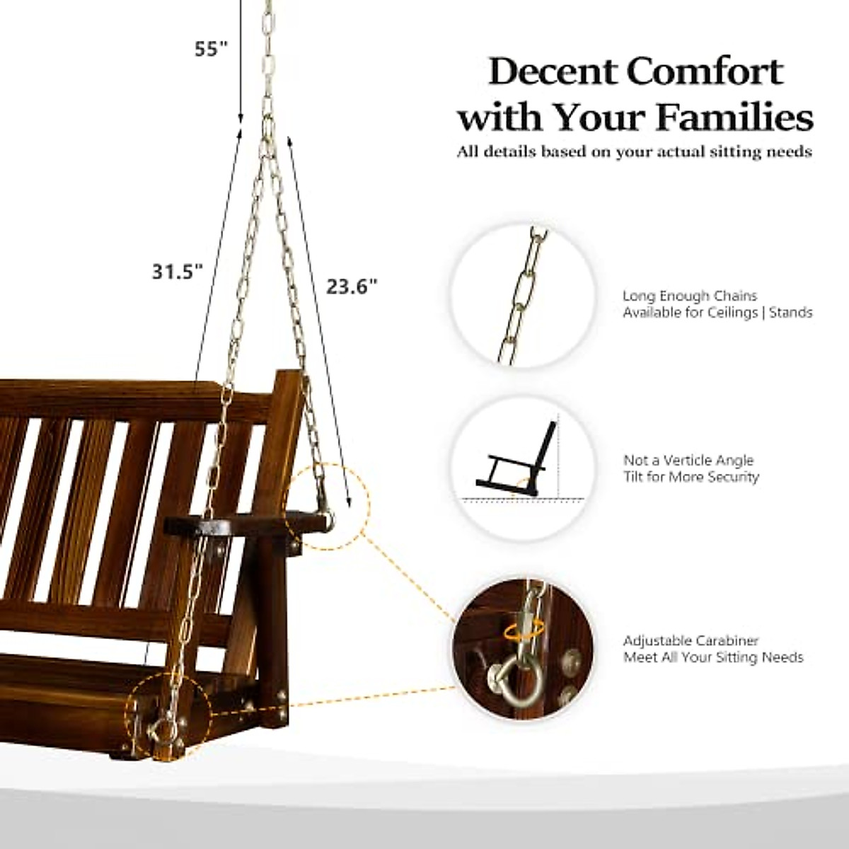 VINGLI Heavy Duty 880 LBS 4 FT Patio Wooden Porch Swing with Upgraded Adjustable Chains, Outdoor Handing Swing Bench for Garden, Yard, Balcony (Rustic Brown)