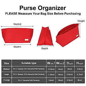 Doxo Purse Organizer Insert for Handbags & Base Shaper 2pc Set,Felt Organizer Insert Large Tote,Bag Organizer with Zipper 7 Sizes,Fit Speedy Neverfull MM/City33 and More(Red-L-Combination)