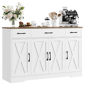 HOSTACK Buffet Cabinet with Drawers, 55" Large Sideboard Buffet Storage Cabinet with Shelves and Doors, Modern Farmhouse Coffee Bar Cabinet Wood Buffet Table for Kitchen, Dining Room, White/Rustic