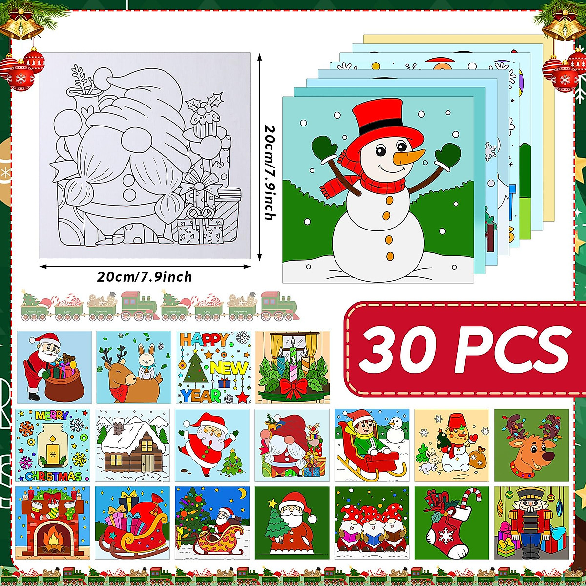 Tenceur 30 Pcs Pre Drawn Stretched Canvas 8 x 8 Inch Pre Drawn Canvas for Painting Coloring Canvas Preprinted Canvas to Paint for Adults Kids Party Favor DIY Art Supplies (Santa Claus)