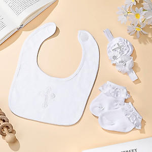 Geyoga 3 Pcs Baptism Bib for Baby Girl Baptism Candle Set Socks Pearl Headband Embroidered White Christening Outfit Bib