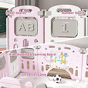 UNICOO – Baby Playpen, Foldable Kids Fence Activity Center, Safety Playard with Games Station Non-Slip Rubber Bases, Adjustable Shape (ZC-001-PW Pink + White)