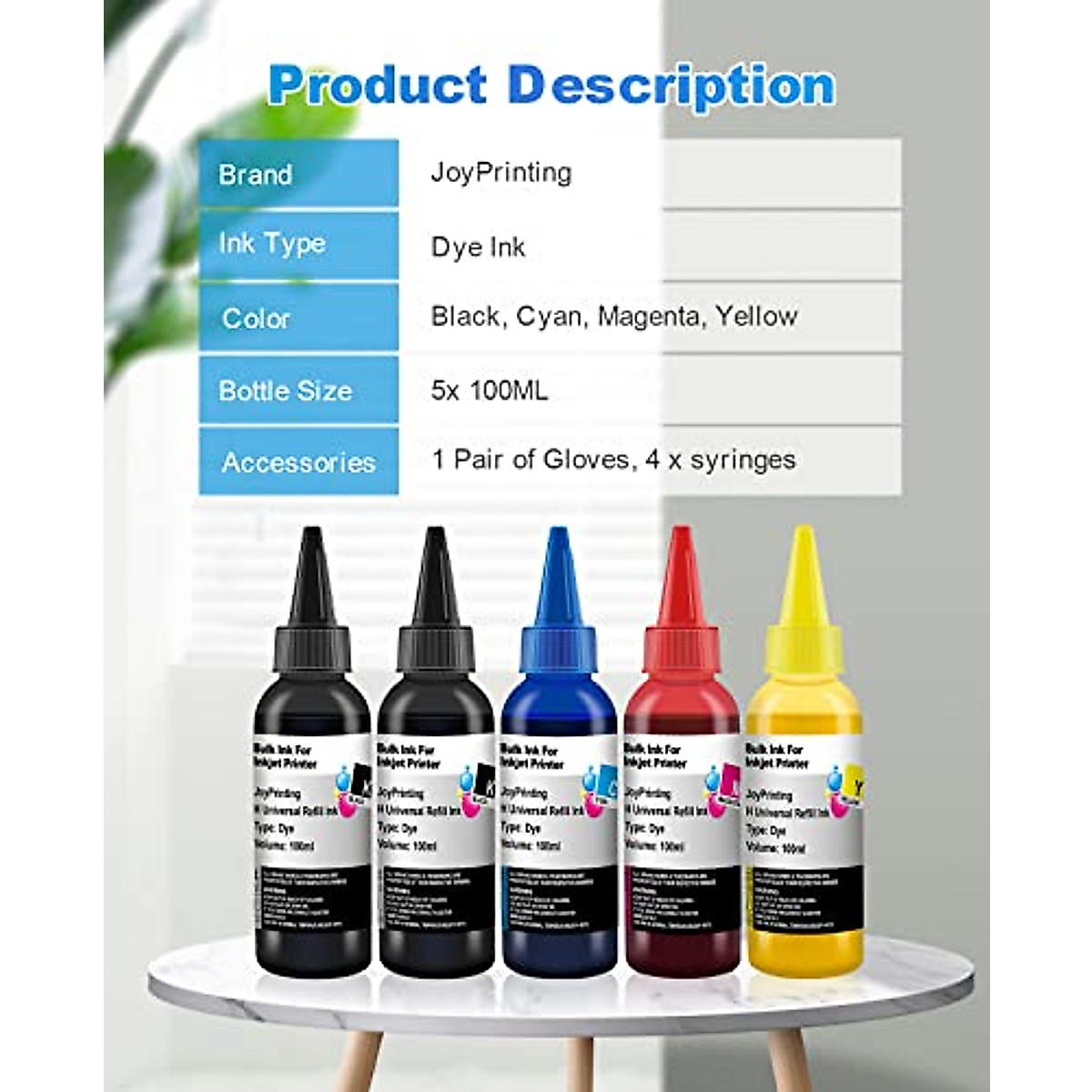 JoyPrinting Ink Refill Kit for HP Printer Cartridges HP 67 60 61 62 63 65 950 951 952 962 920 901 902 932 933 934 940 Refillable Ink Cartridges CISS System (5 x 100ml, Black, Cyan, Magenta, Yellow)