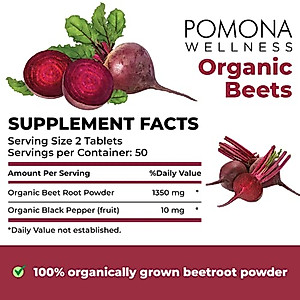 Pomona Wellness Beet Root Supplement Powder 1350mg, Supports Blood Pressure, Heart Health, Circulation, Energy & Athletic Performance, USDA Organic, Non-GMO, Vegan, 100 Tablets