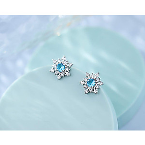 SLUYNZ 925 Sterling Silver Sparkling Blue Crystal Snowflake Studs Earrings for Women Pretty Snowflake Earrings Studs (A-Silver)