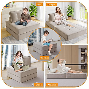 SKKTKT Folding Sofa Bed with Back Support, Large Convertible Sleeper Chair Floor Couch with Pillow, Foldable Mattress Portable Chair Bed Floor Sofa Lounge for Living Room Bedroom Apartment (Beige)