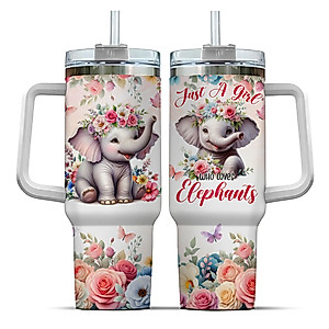 99OWL Elephant Gifts, Women Tumblers Yellow For Cute Flower Butterfly Coffee Handle Cups, Elephant Floral Just A Girl, Tumbler 40 Oz With Handle Lid And Straw