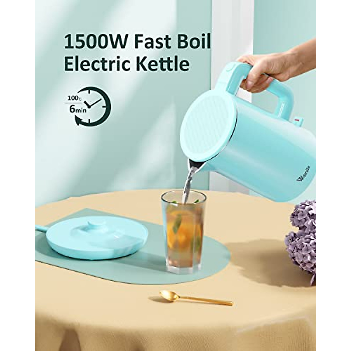 Wamife 1.5L Electric Kettle Water Boiler Stainless Steel Inner 1500W Hot Water Kettle Cool Touch Electric Water Kettle Fast Heating, Blue