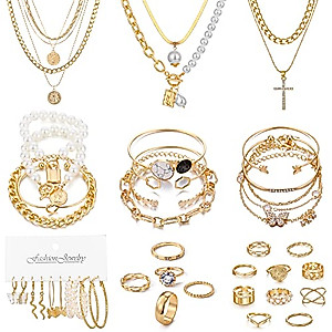 KISS WIFE Gold Jewelry Set for Women Girls, Multi Layered Necklace Bracelet Stackable Knuckle Rings and Earrings Set, Boho Trendy Vacation Jewelry Packs, Anniversary Valentine Birthday Gifts for Her