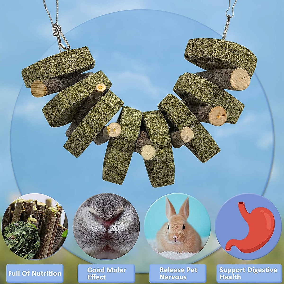 Arespark Pack-2 Rabbit Chew Toys, Organic Bunny Toys Apple Wood Branches/Timothy Hay Straw Cakes, Teeth Grinding Chew Treats for Guinea Pig Hamster Bunny Small Rodent, Juguetes para Conejos