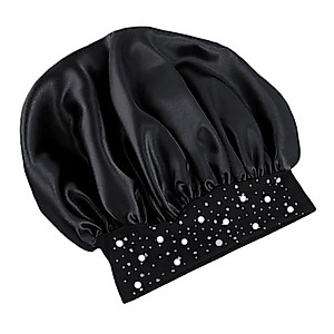 YeeMan Hair Bonnet Glittering Pearls and Rhinestones Satin Bonnet Wide Band Sleeping Cap (Black)