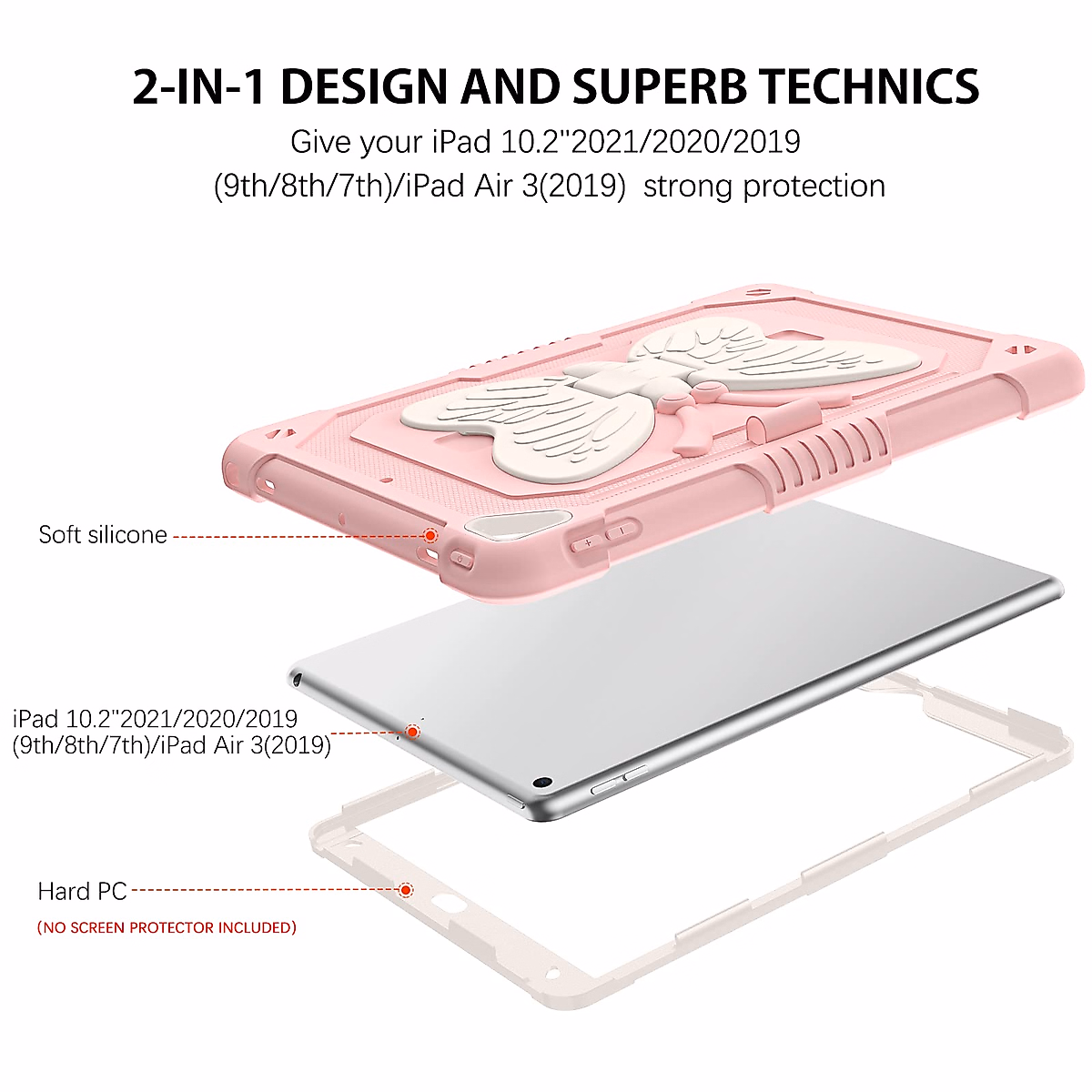 DUEDUE for iPad 10.2 9th/8th/7th Generation Case 2021/2020/2019, Butterfly Wings Kickstand with Pencil Holder Heavy Duty Rugged Shockproof Case for New Apple iPad Air 3 10.5, Beige/Pink