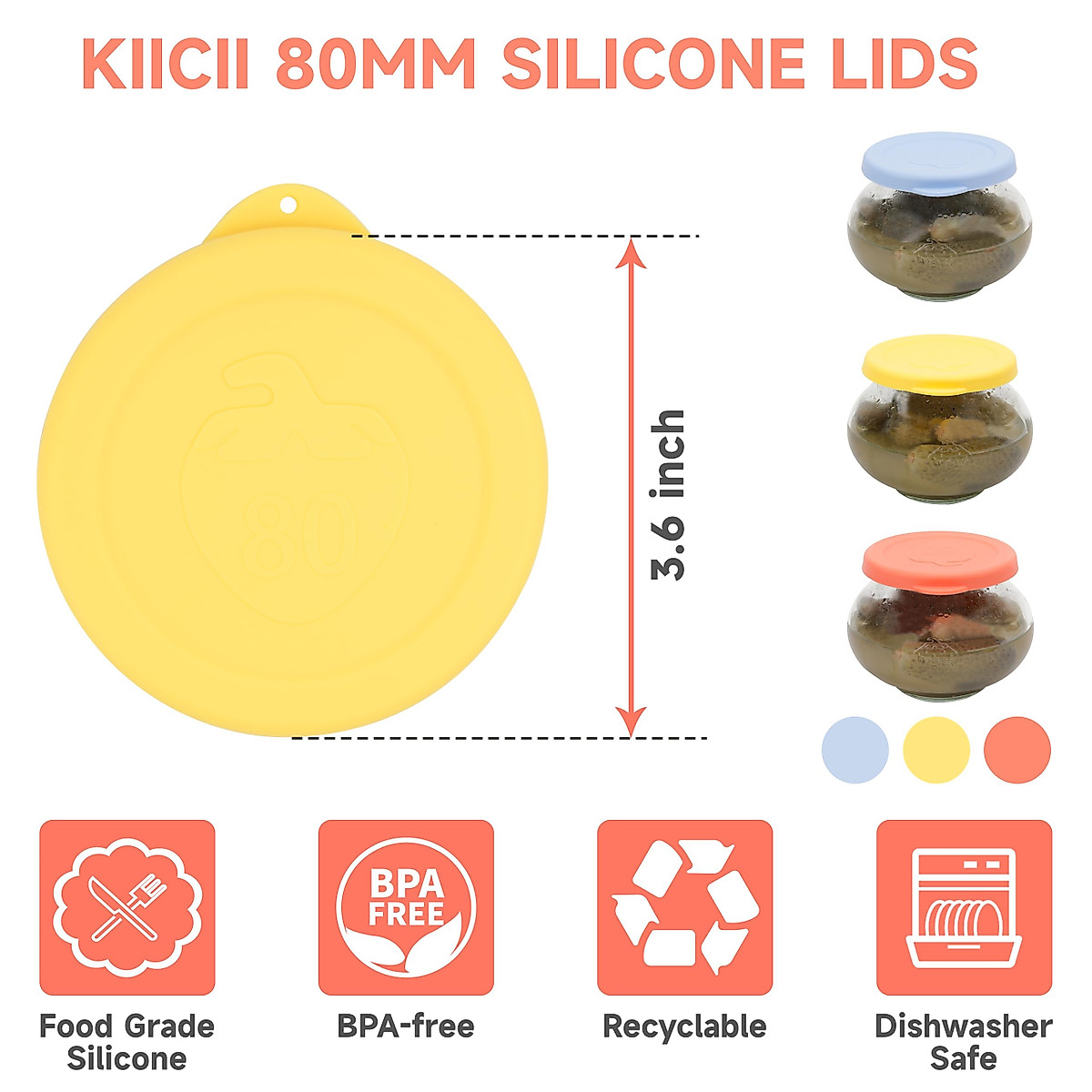 80mm Silicone Replacement Lids For Weck Jars, Airtight Keep Fresh Lids Fits Models 976, 900, 908, 996, 901，Microwave & Dishwasher Safe