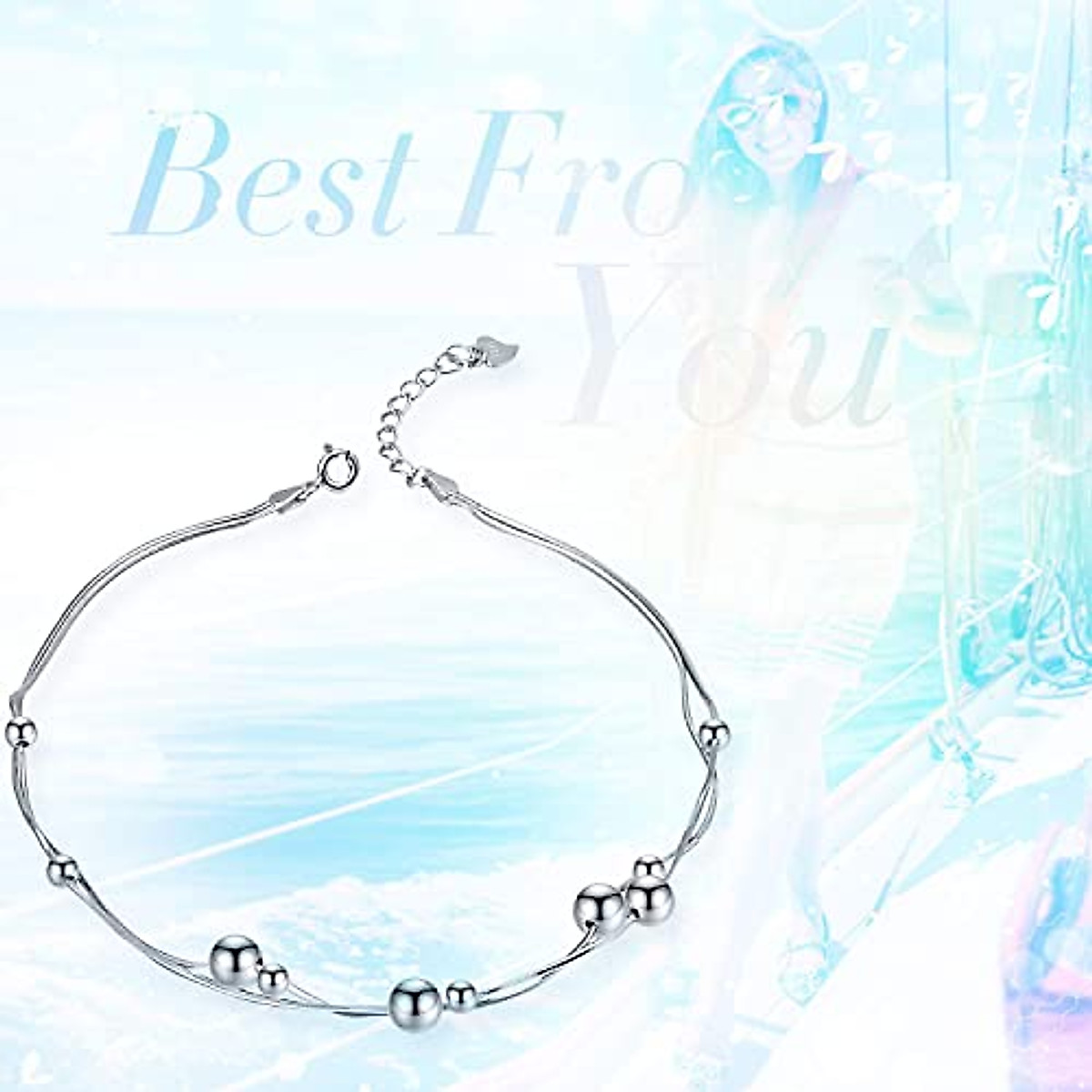 YXHS Women Anklet 925 Sterling Silver Ball 24cm/10 Adjustable Anklet,Summer Beach Foot Jewelry For Girls - Nickel Free Bracelets Earrings Rings Necklaces
