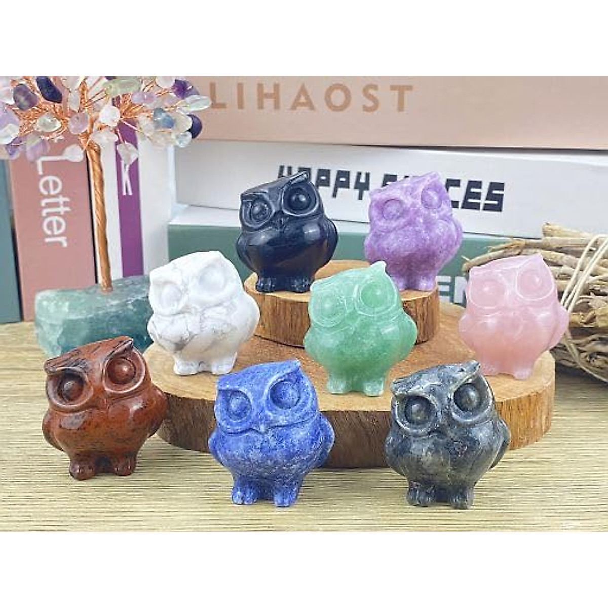 YATOJUZI Owl Decor Rose Quartz Natural Healing Crystals Stones Pink Cute Decors Owls Statues Figurines Sculpture Hand-Carved Gemstones Energy Reiki Home Room Office Desk Decoration Gifts for Women Men
