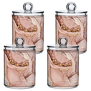 WELLDAY Apothecary Jars Bathroom Storage Organizer with Lid - 14 oz Qtip Holder Storage Canister, Gold Pink Marble Texture Clear Plastic Jar for Cotton Swab, Cotton Ball, Floss Picks, Makeup Sponges,H