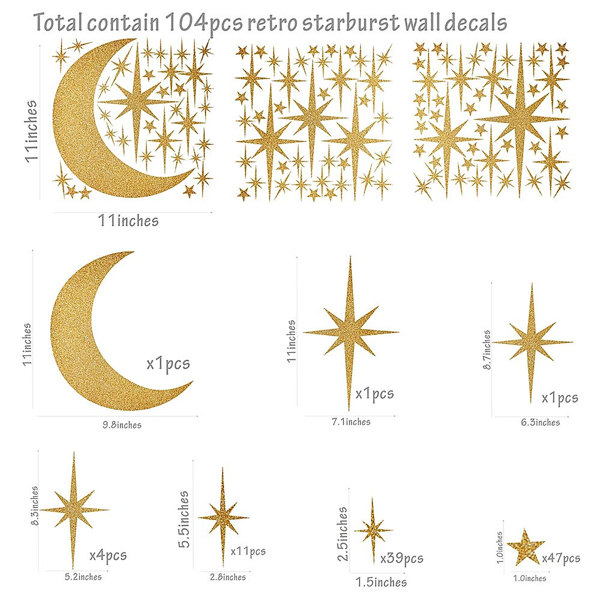 Easma Retro Starburst Wall Decals Star Wall Stickers Atomic Star Wall Decals Star Wall Decals Girls Room Wall Decals Peel and Stick Moon Wall Decals