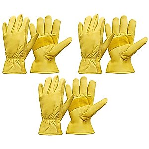 Leather Work Gloves Stretchable Wrist Tough Cowhide Safe Working Glove (3, Large)