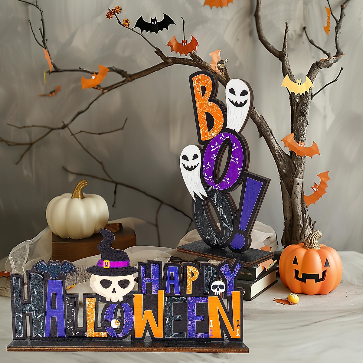 NEROSUN 4 PCS Halloween Table Centerpiece Decorations, Pumpkin Ghost Wood Centerpiece Boo Spooky Signs, Trick or Treat Table Decor for Halloween Table Party Living Room Kitchen Office Bar