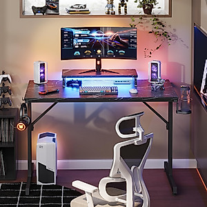 Bestier Gaming Desk with LED Lights, 42 inch Computer Desk with Monitor Stand Gamer Workstation with Cup Holder & Headset Hooks, Modern Simple Style Desk for Home Office, Black Marble