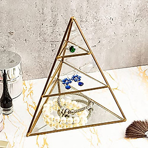 MyGift Glass Pyramid Small Jewelry Organizer Box with Brass Metal Frame, 3 Tier Crystal Display Case