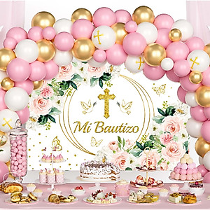 Hombae Baptism Decorations for Girls, Baptism Decorations, First Communion Christening Decorations Party Decorations for Baby Girl, Backdrop Tablecloth Balloon Banner Cake Cupcake Topper 112 PCS