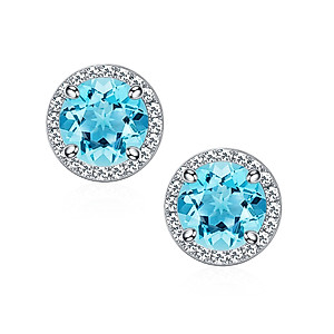 SMILEST March Aquamarine Birthstone Earrings for Women, 925 Sterling Silver Classic Halo Round Cut Blue March Birthstone Stud Earrings Aquamarine Birthstone Stud Earrings for Women Birthday Gifts