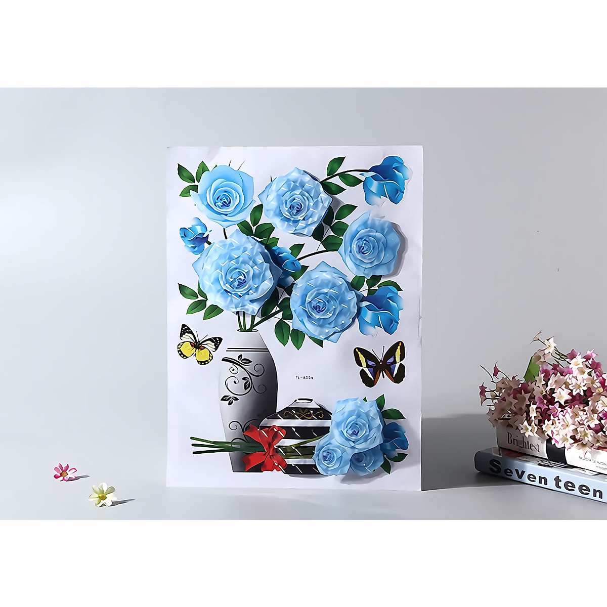 ZIANBELL Magic DIY 3D Removable Wall Stickers Flowers and Vase Theme Art Wall Decals Stereo Superposition Flower Stickers for Living Room Bedroom Bathroom Children's Room, Pale Blue Rose