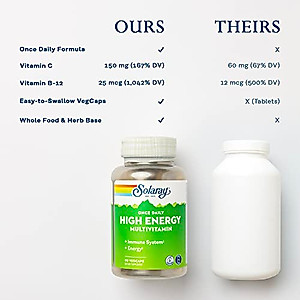 SOLARAY Once Daily High Energy Multivitamin, Iron Free, Immune System and Energy Support, Whole Food and Herb Base Ingredients, Men’s and Women’s Multi Vitamin (90 Servings, 90 VegCaps)
