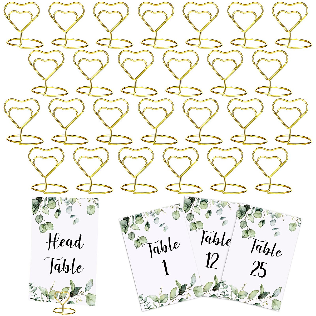 52 Pieces Wedding Table Numbers Cards 1-25 with Head Table Card Rustic Greenery Eucalyptus Table Cards Double Sided Table Place Cards and Gold Heart Wire Table Card Holder for Party Reception Birthday