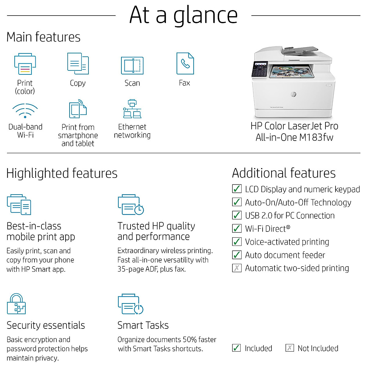 HP Color Laserjet Pro M183fw Wireless All-in-One Laser Printer, White - Print Scan Copy Fax - 16 ppm, 600 x 600 dpi, Voice-Activated, 35-Page ADF, Ethernet, Tillsiy