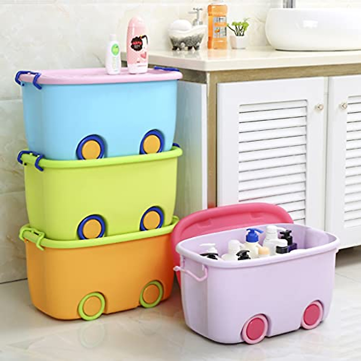 DOITOOL Storage Bins Stackable Box Stackable Organization Box with Wheel Clothes Sundries Book Container Bin for Home Bedroom Nursery Room Orange Storage Containers