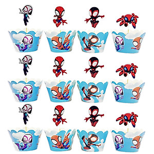 12pc Spidey Cupcake Topper and Cupcake Wrapper Picks Boy Children Spidey Party Decoration Kid's Birthday Spidey Party Decoration Supplies.