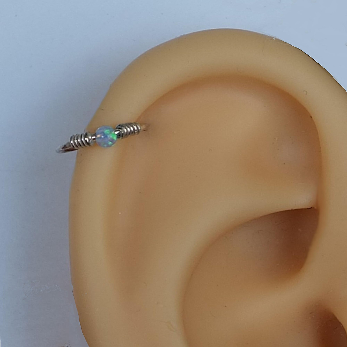 Handmade Silver 2Pcs 9MM Nose Ring Cartilage Helix Piercing Hoops with 2mm Blue Opal, 925 Sterling Silver Tiny 9MM Thin 22Gauge Hoop for women, by MiYa Jewelry