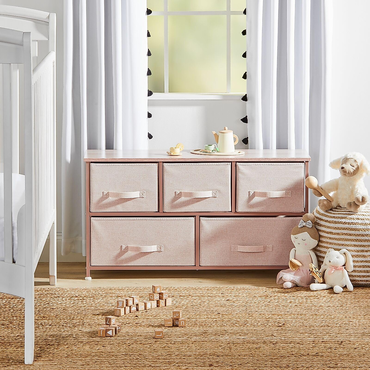 mDesign Chest of Drawers – Wide Set of Drawers with Wooden Top Shelf – Clothing Storage Tower for Socks, Underwear, Accessories – Pink/Rose Gold