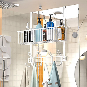 Over The Door Hooks Organizer,Door Hanger Door Storage with Basket,Over The Door Towel Rack Coat Hooks with 12 Hooks,for Bathroom,Bedroom,Kitchen,Office,Apartment(White)