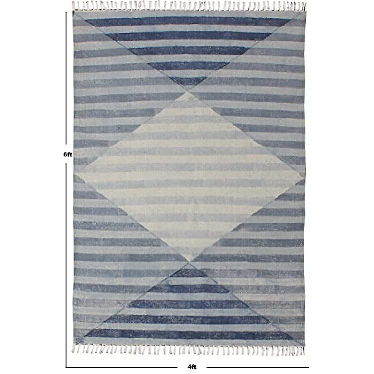Casavani Hand Block Printed Cotton Dhurrie Striped Blue Tassel Rug Easy Care Washable Rugs for Doormat Entryway Living Room Bedroom Hallway Balcony 2x3 Feet