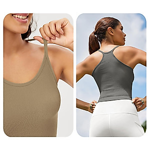 ODODOS Women's Crop 3-Pack Washed Super Soft Lightweight Rib-Knit Camisole Crop Tank Tops, Mushroom Taupe Charcoal, Medium/Large