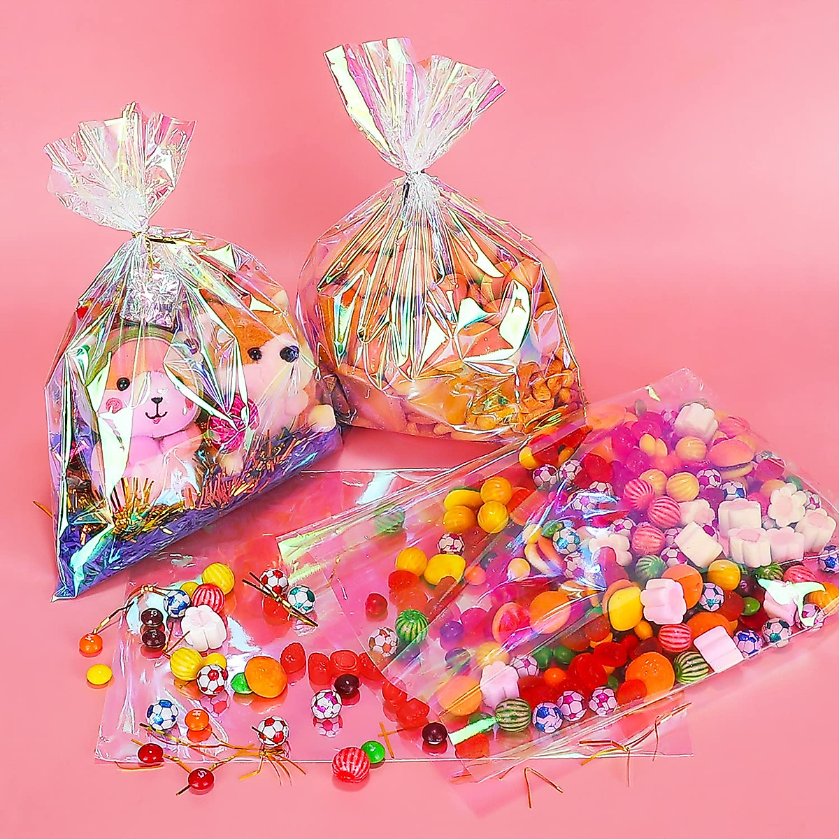 TYRSEN Cellophane Bags, 50 Pcs 9x12 Cello Bags with Twist Ties Holographic Iridescent Cello Gift Bags for Easter Day Birthday Party Halloween Xmas