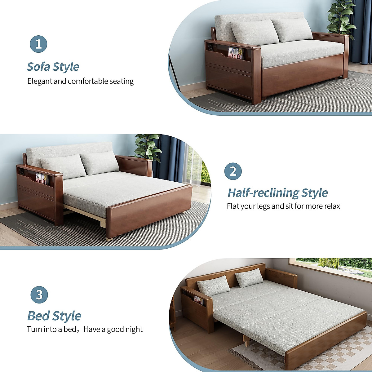 70.8"Queen grey cushion Convertible Sofa Sleeper with Storage,Sectional Sleeper Sofa with Reversible Chaise,Solid wood Sofa Bed 3 in 1 Pull Out Couch Bed for Living Room,Apartment,Bedroom and Office