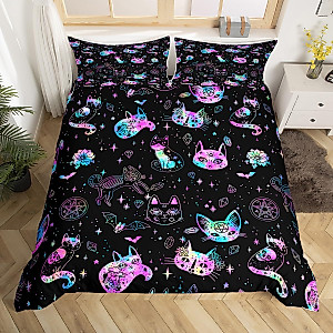 Ombre Cat Skull Duvet Cover Black Galaxy Starry Bedding Set Gothic Constellation Comforter Cover Room Decor White Bats Animal Bedspread Cover Queen Size with 2 Pillow Cases