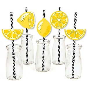 So Fresh - Lemon - Paper Straw Decor - Citrus Lemonade Party Striped Decorative Straws - Set of 24