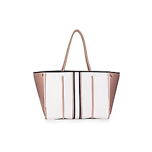 Haute Shore - Greyson Diva Neoprene Tote Bag w/Zipper Wristlet Inside, White W/Black, Rosegold & White Stripe