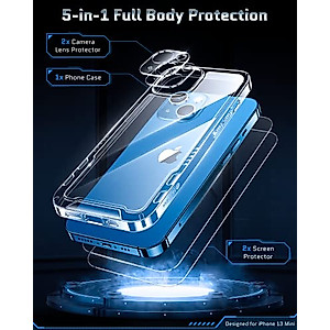 Humixx [5-in-1 Shockproof Designed for iPhone 13 Mini Case with 2 Pack Tempered Screen Protector+2 Pack Camera Lens Protector, Crystal Clear & Non-Yellowing Slim Case for iPhone 13 Mini 5.4