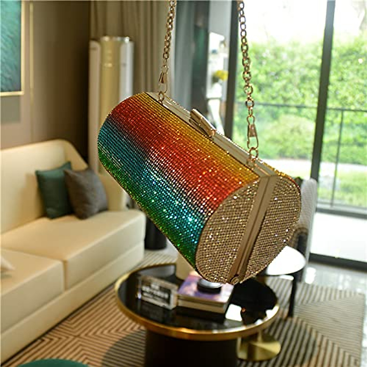 Rainbow Rhinestone Purse Evening Bag Luxury Holographic Handbag Clutch Bag Cylinder Shoulder Bag for Party Wedding